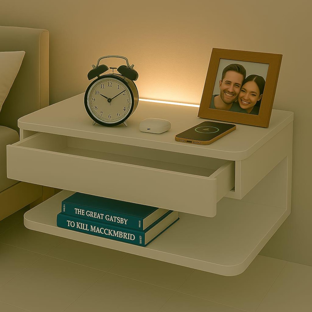 White Floating Bedside Table With Drawers | Handmade Scandinavian Wood ...