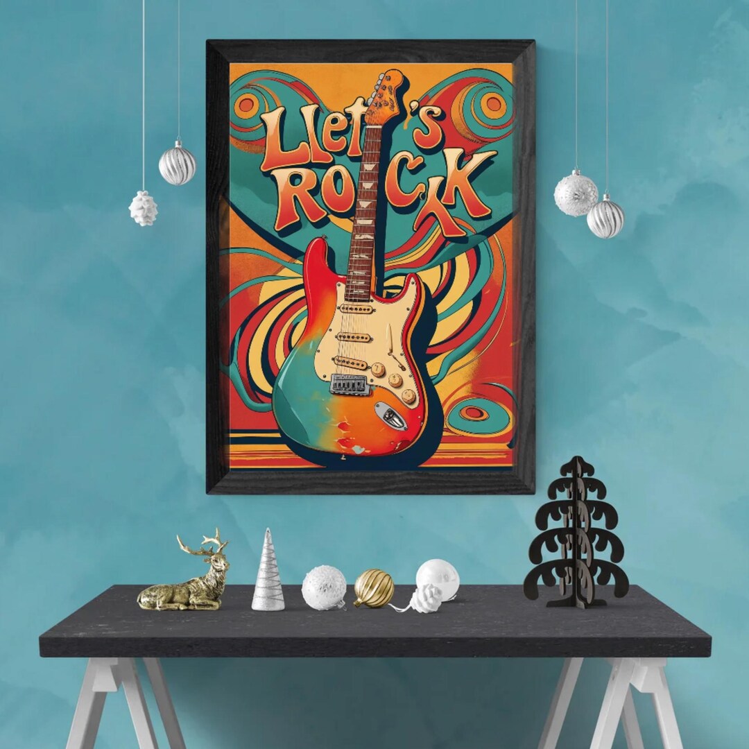 Let’s Rock Retro Guitar Poster, 70s Style Music Wall Art, Groovy ...