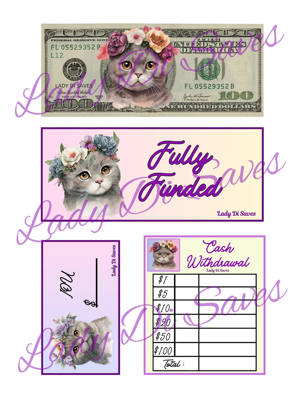 Cat Cash Envelope Savings Challenge Bundle, Fully Funded Dashboard, 100 ...