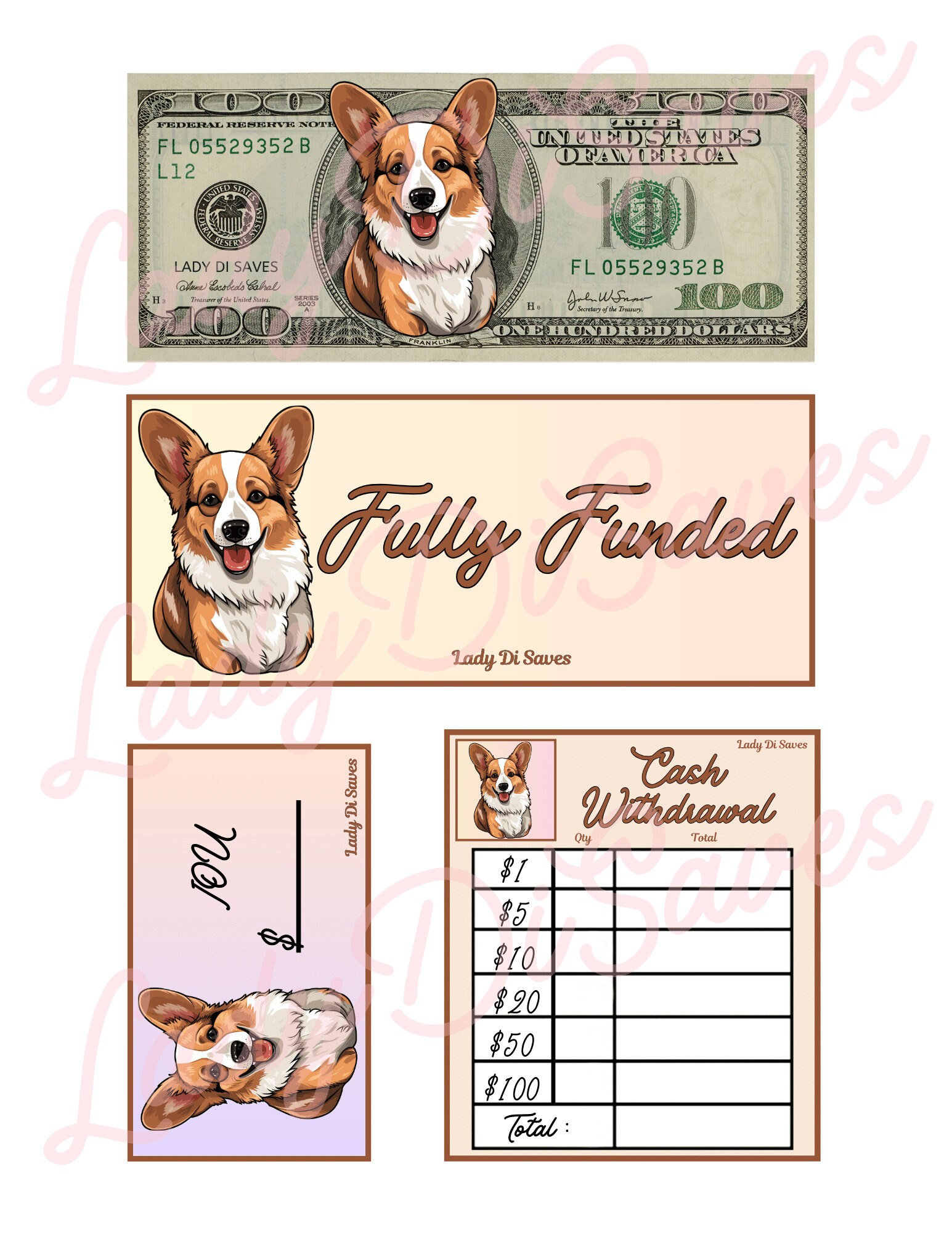 Corgi Dog Cash Envelope Savings Challenge Bundle, Fully Funded ...