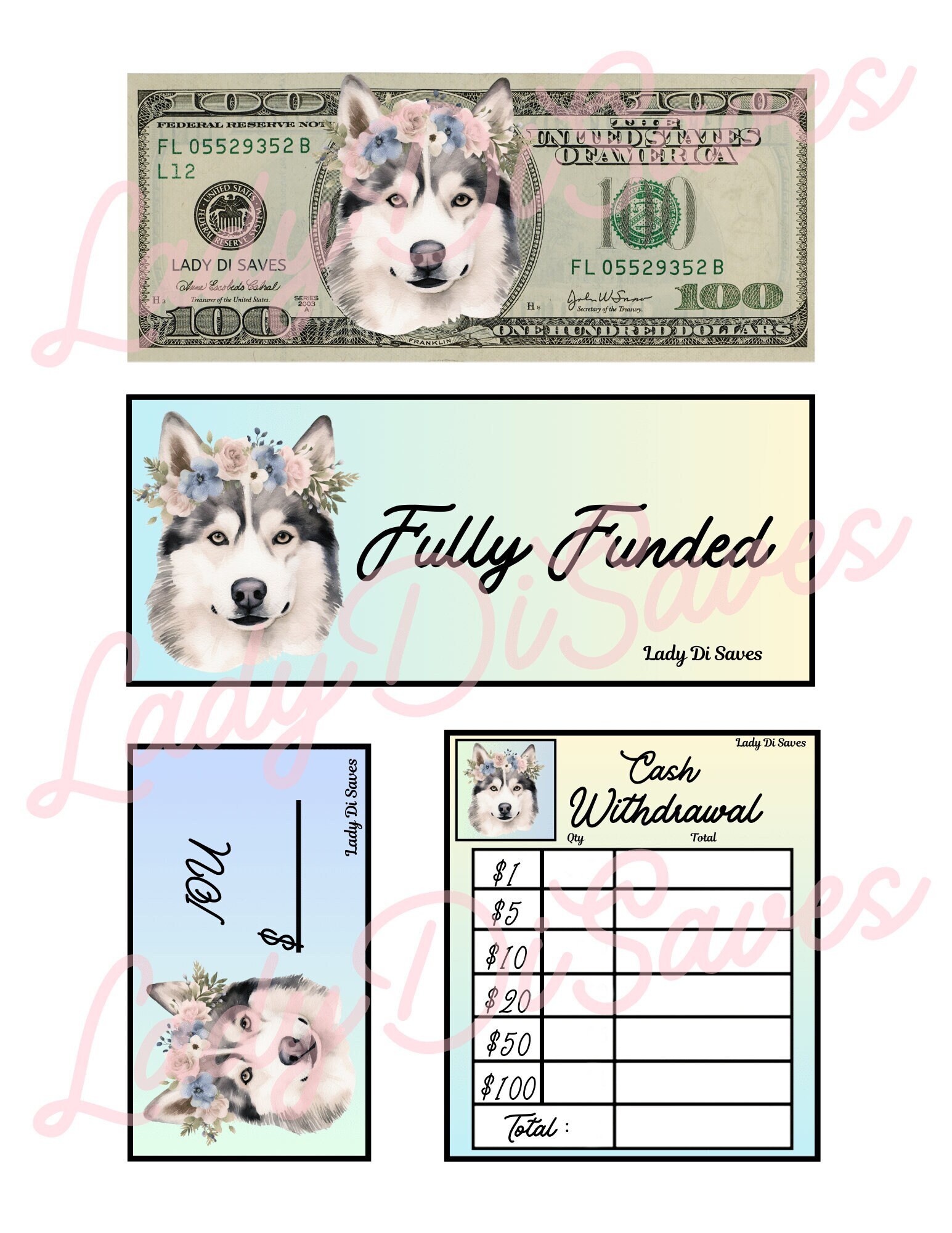 Husky Dog Cash Envelope Savings Challenge Bundle, Fully Funded ...