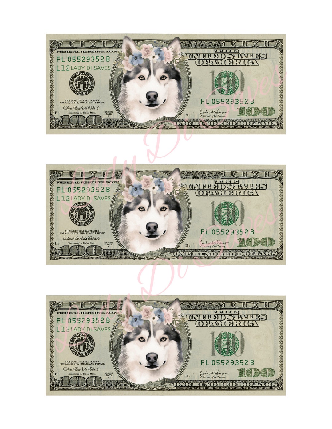 Husky Dog Prop Money, Place Holder Cash, Three 100 Dollar Bill ...