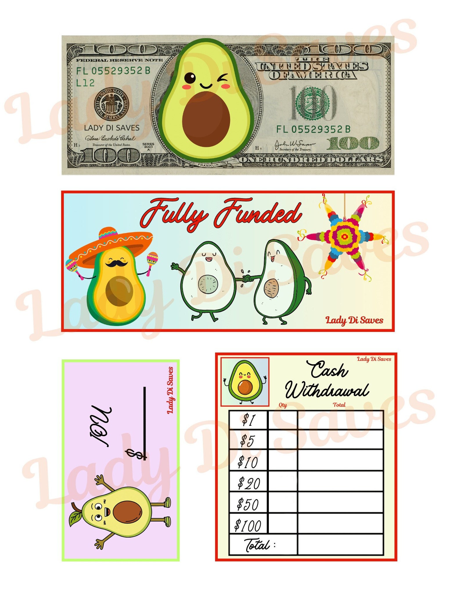 Avocado Cash Envelope Savings Challenge Bundle, Fully Funded Dashboard ...
