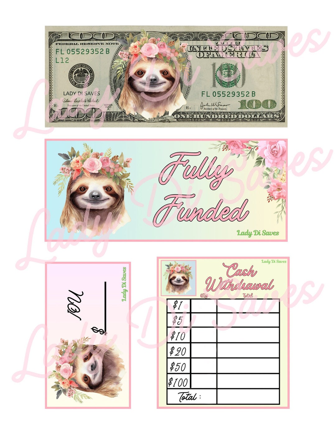 Sloth Cash Envelope Savings Challenge Bundle, Fully Funded Dashboard ...