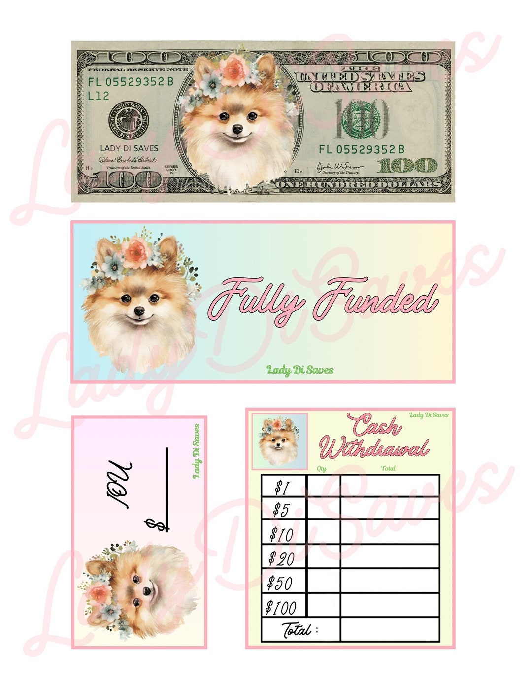 Pomeranian Dog Cash Envelope Savings Challenge Bundle, Fully Funded ...