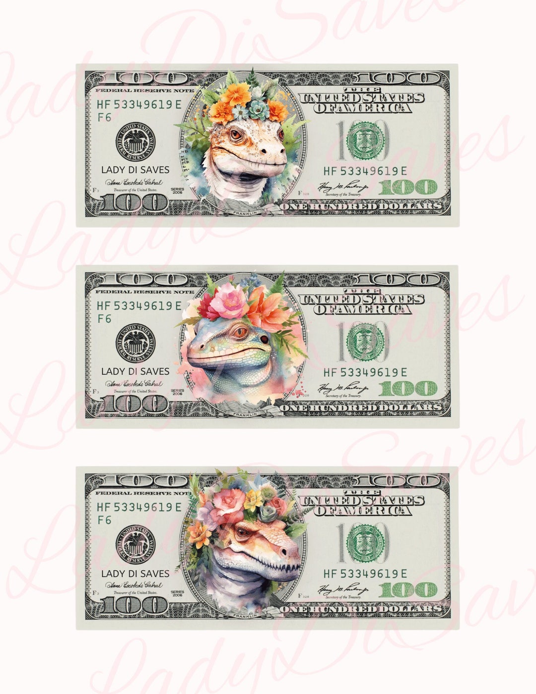 Dinosaur / Lizard Prop Place Holder Money, Three 100 Dollar Bill ...