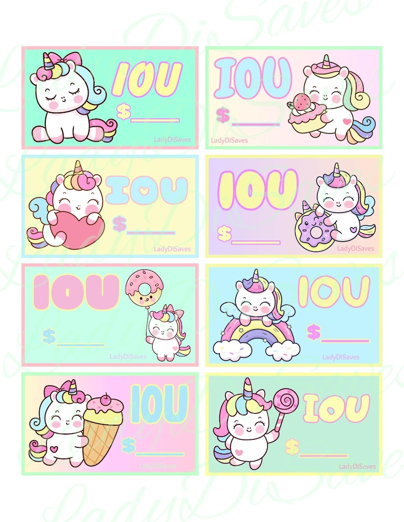 Kawaii Unicorn IOU Printable, Cash Budget Envelopes (digital Download ...