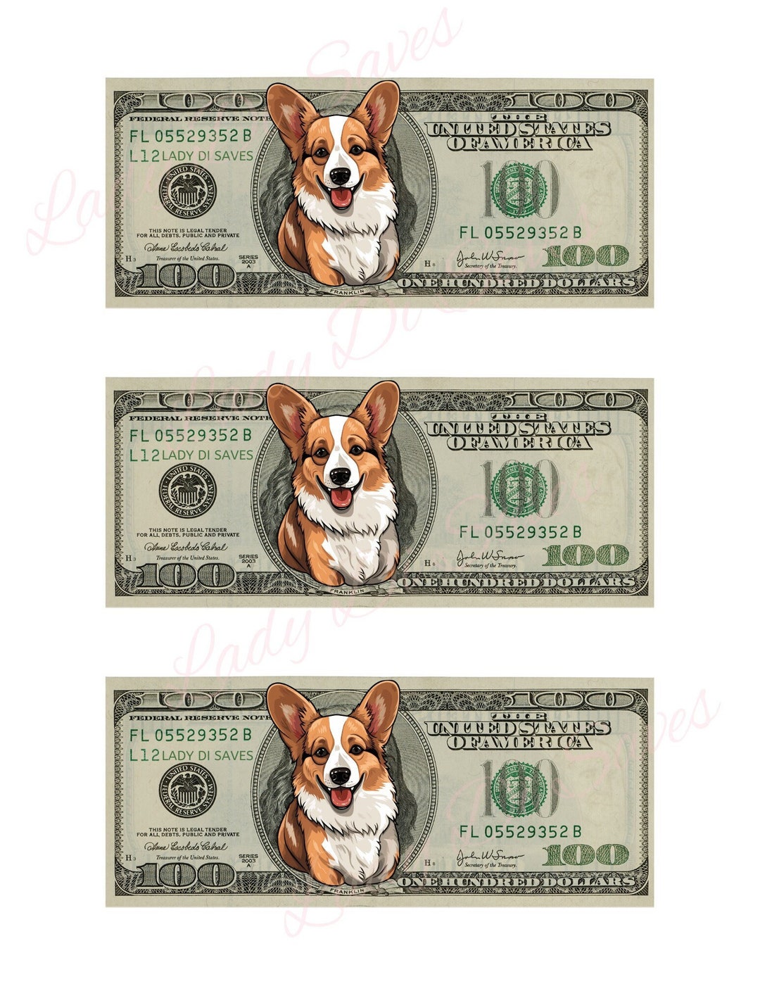 Corgi Dog Prop Money, Place Holder Cash, Three 100 Dollar Bill ...