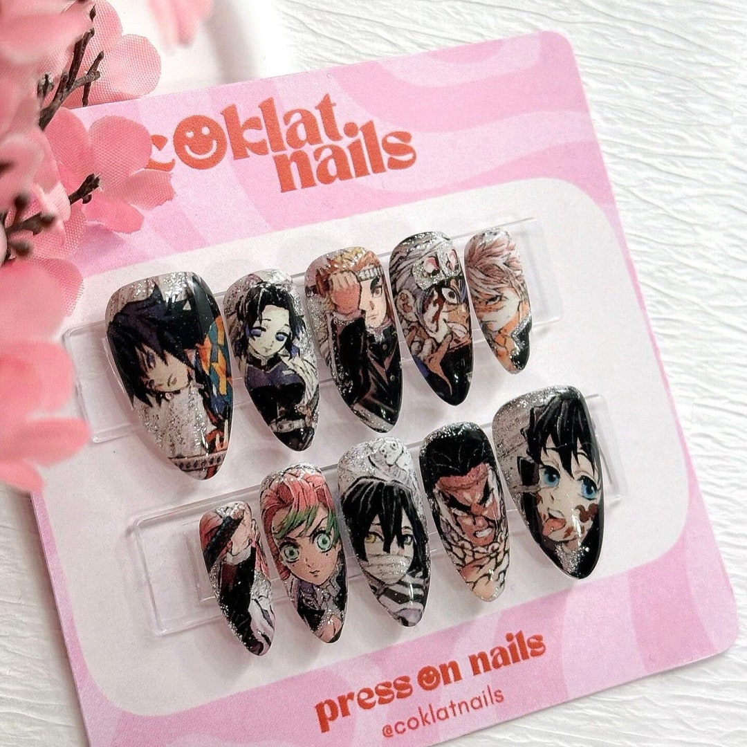 Demon Nails Slayer - KNY - Almond Nails - Anime Nail - Kimetsu Nails ...