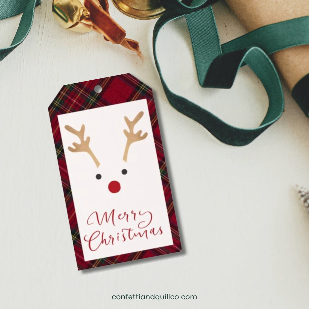 Rudolph Reindeer Gift Tags With Red Nose – Tartan Plaid Christmas Gift ...