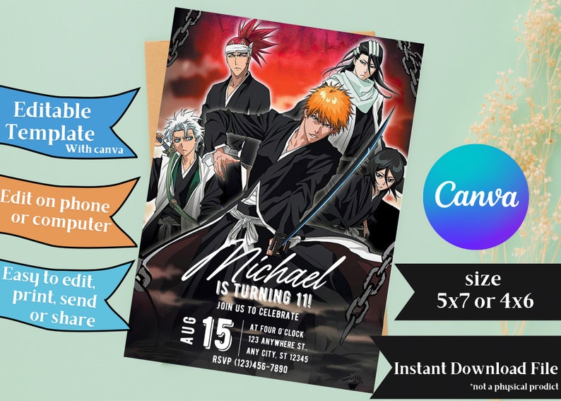 Editable Bleach Birthday Invitation Digital Birthday Party Invitation ...