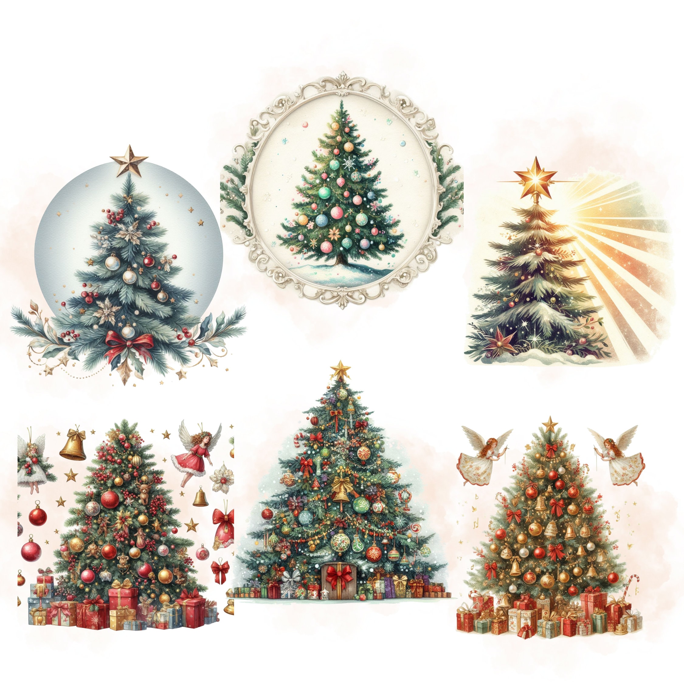 25 PNG Watercolour Vintage Christmas Tree Clipart, Christmas Gifts ...