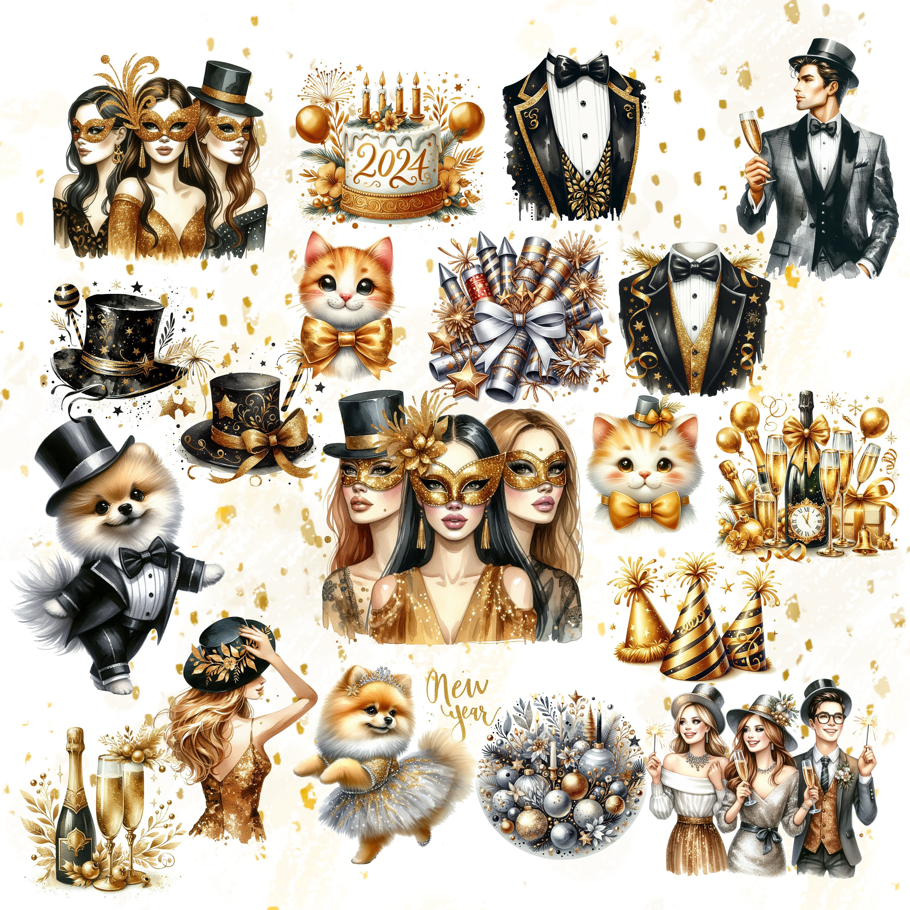 73 PNG Watercolor New Year Clipart Bundle, Silver Gold, Party Clipart ...