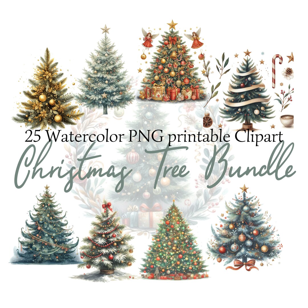 25 PNG Watercolour Vintage Christmas Tree Clipart, Christmas Gifts ...