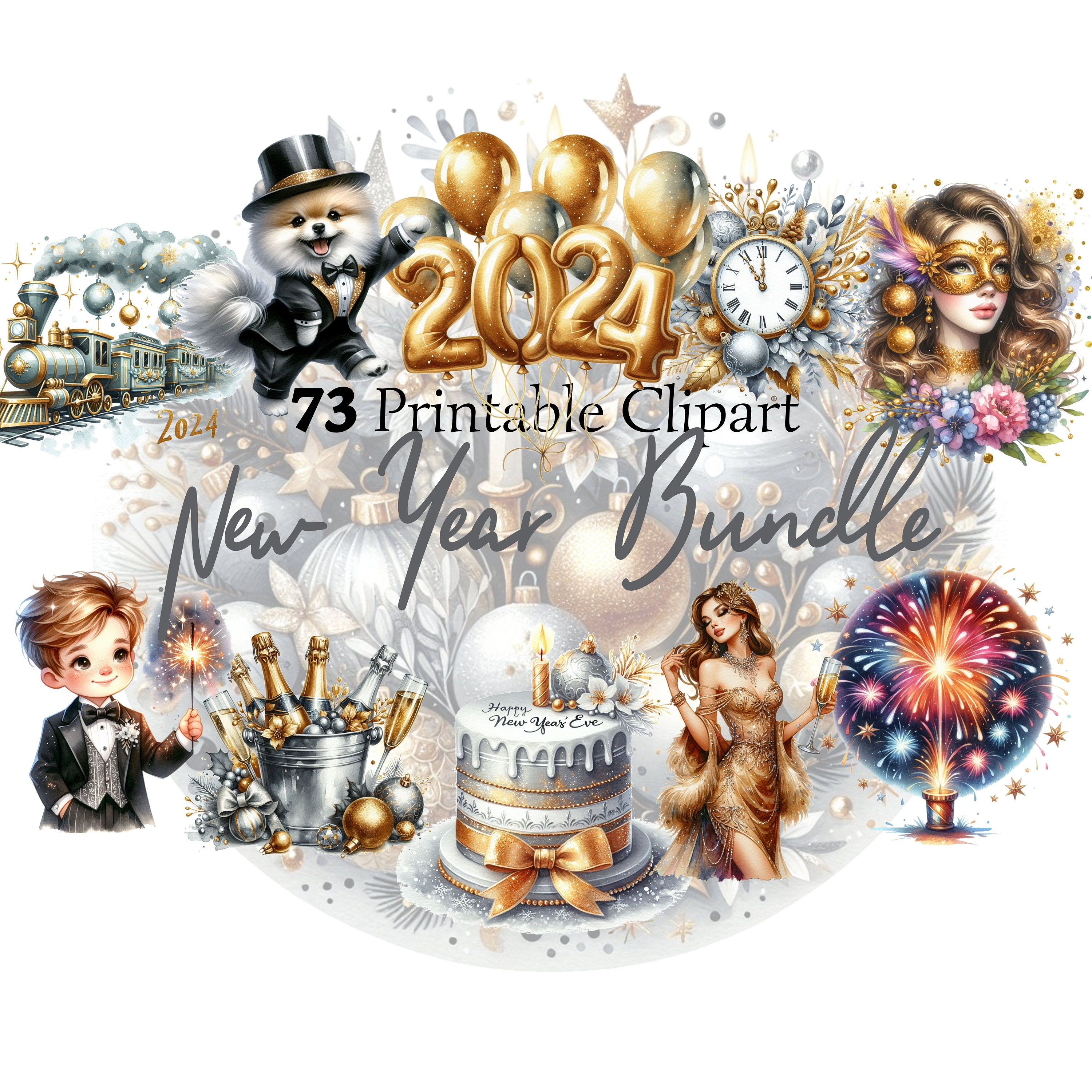 73 PNG Watercolor New Year Clipart Bundle, Silver Gold, Party Clipart ...