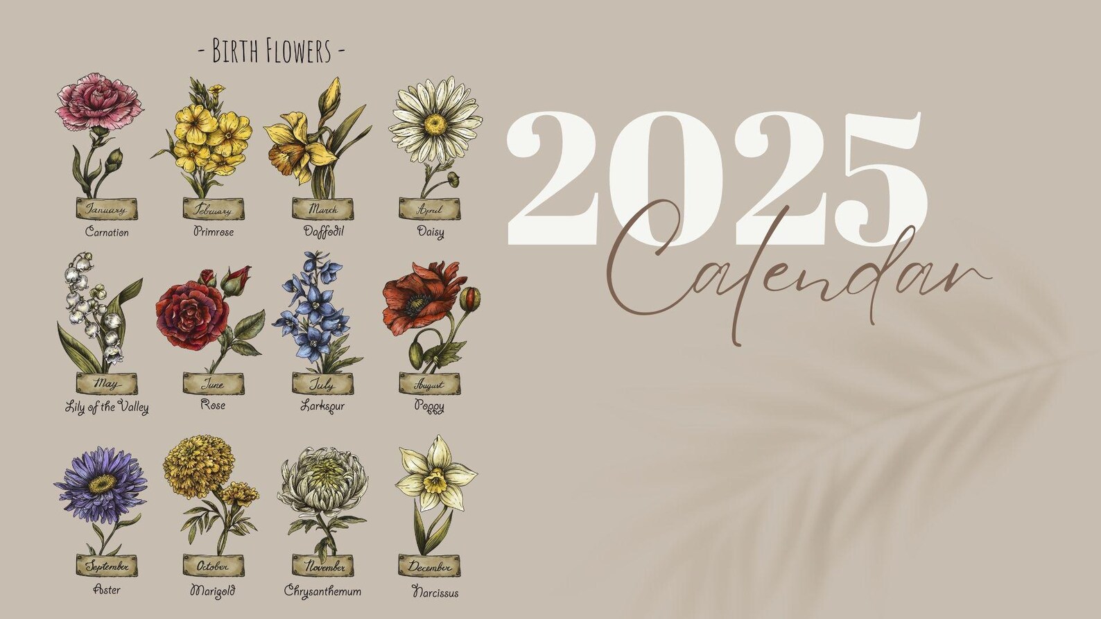 2025 Monthly Calendar I Birth Month Flowers I Creamy Beige I Monthly ...