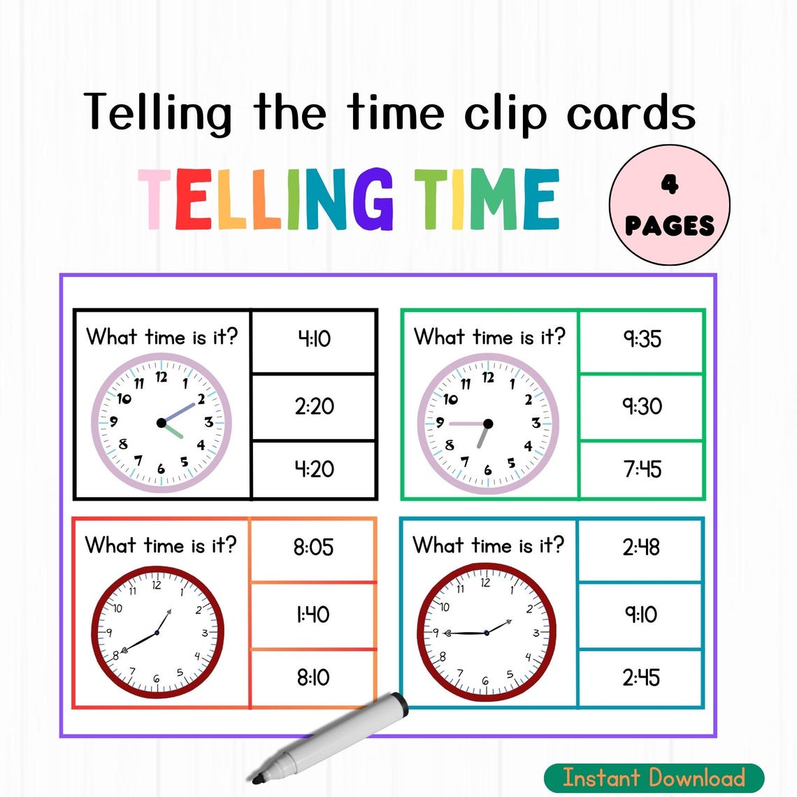 Telling Time Clip Cards Activities, Clock Activity, Tell the Time ...