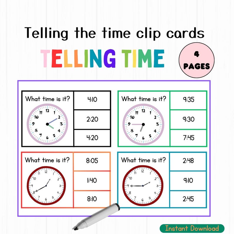 Telling Time Clip Cards Activities, Clock Activity, Tell the Time ...