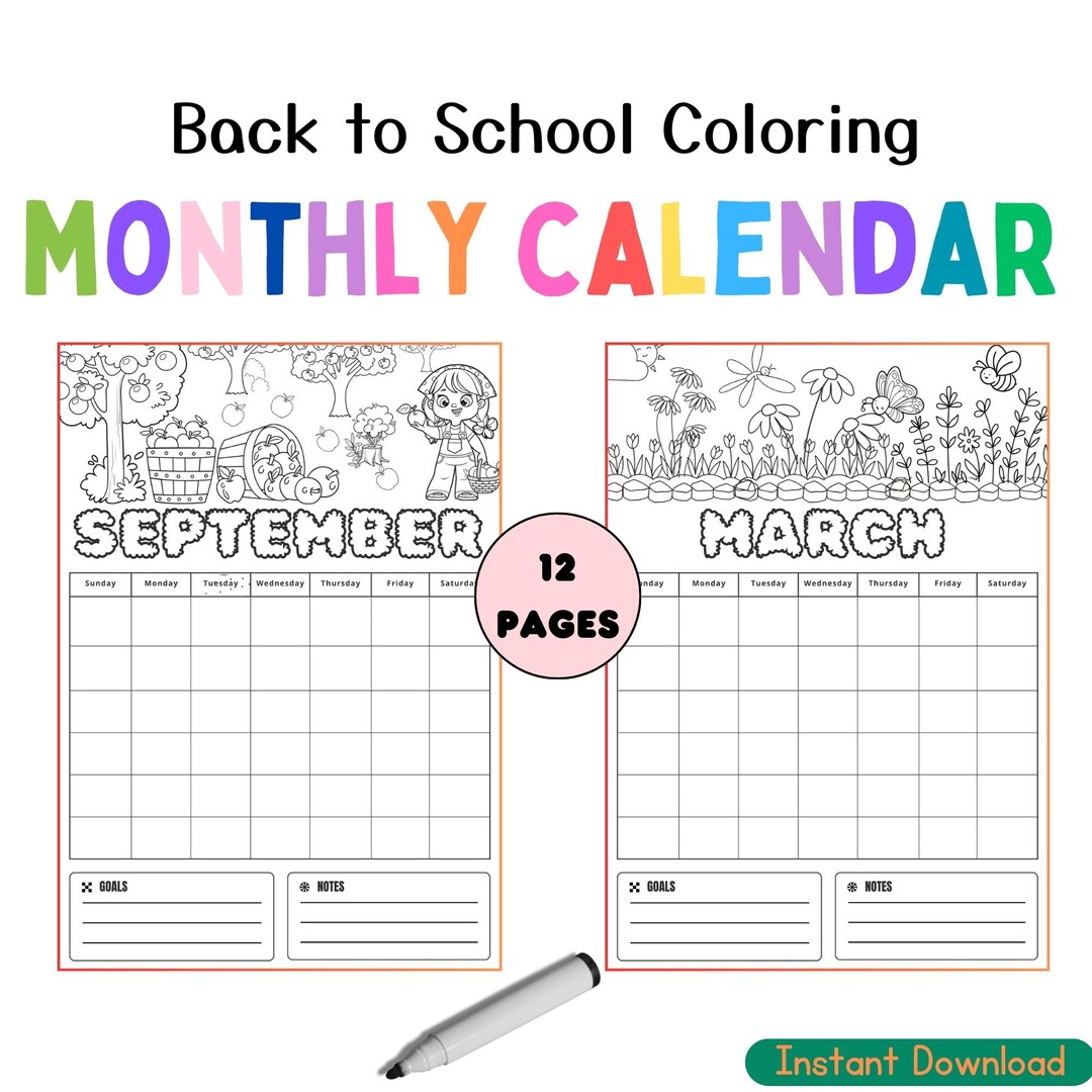 Back to School Monthly Calendar Set, Coloring Calendar, Homeschool ...