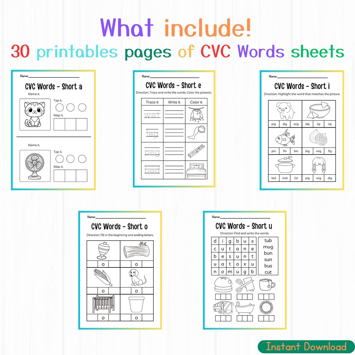Phonics CVC Words Printable Worksheets for Kindergarten, CVC Word ...