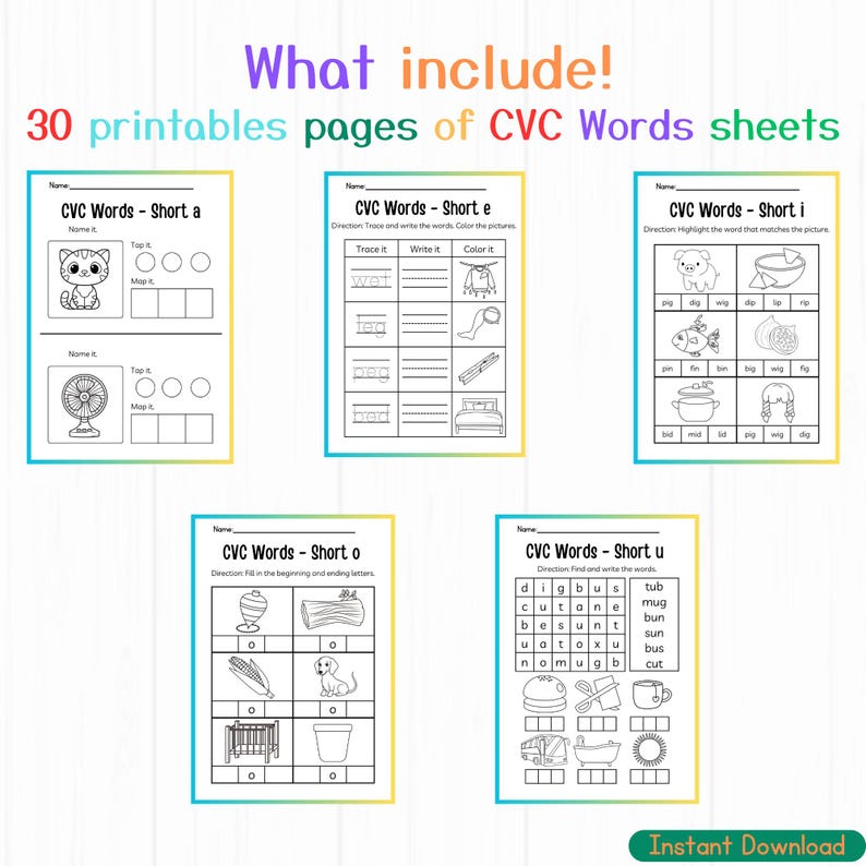 Phonics CVC Words Printable Worksheets for Kindergarten, CVC Word ...