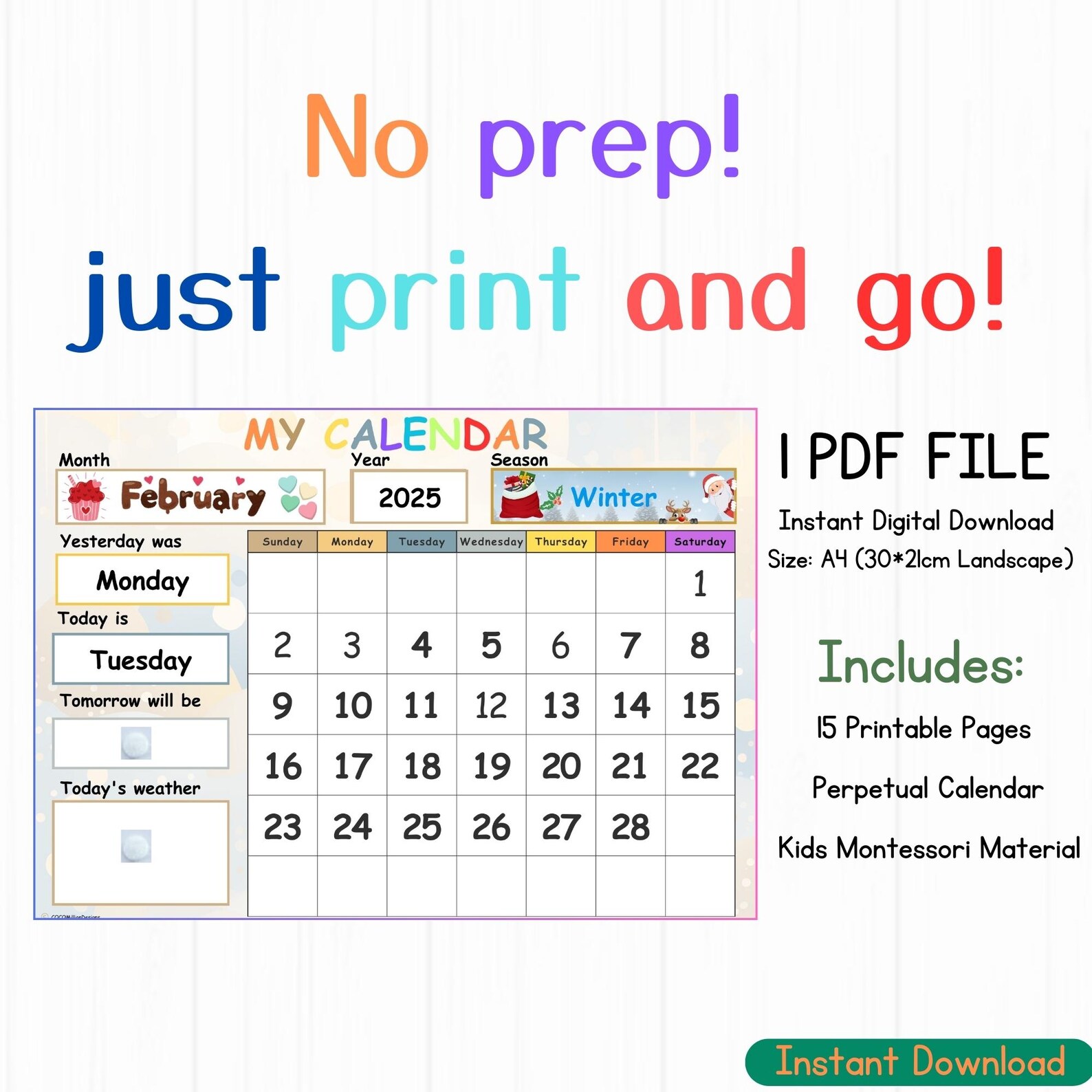 Perpetual Calendar, Kids Calendar Printable Classroom Calendar Board ...
