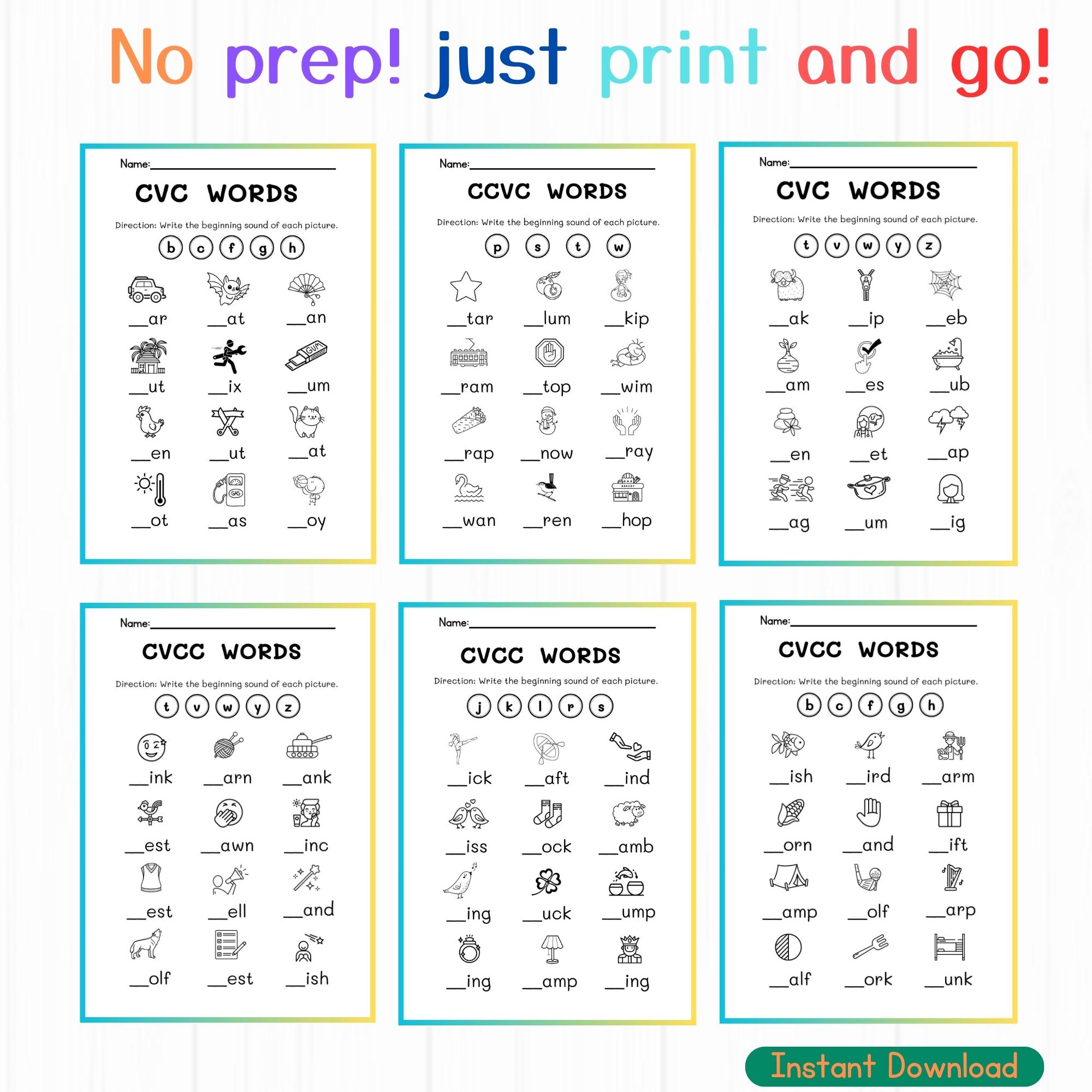 CVCC and CVC Words Phonics Worksheets: Educational Printable (PDF ...