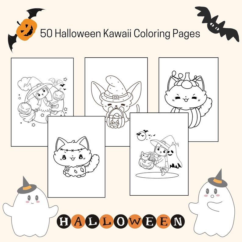 50 Halloween Kawaii Coloring Pages, Halloween Coloring Pages for Kids ...