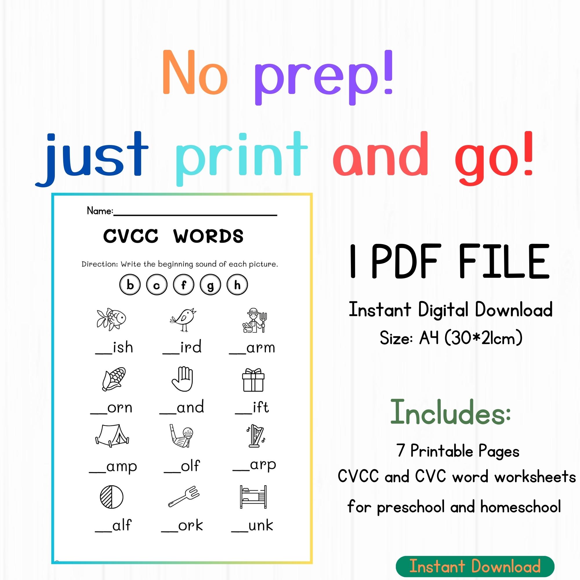CVCC and CVC Words Phonics Worksheets: Educational Printable (PDF) - Etsy