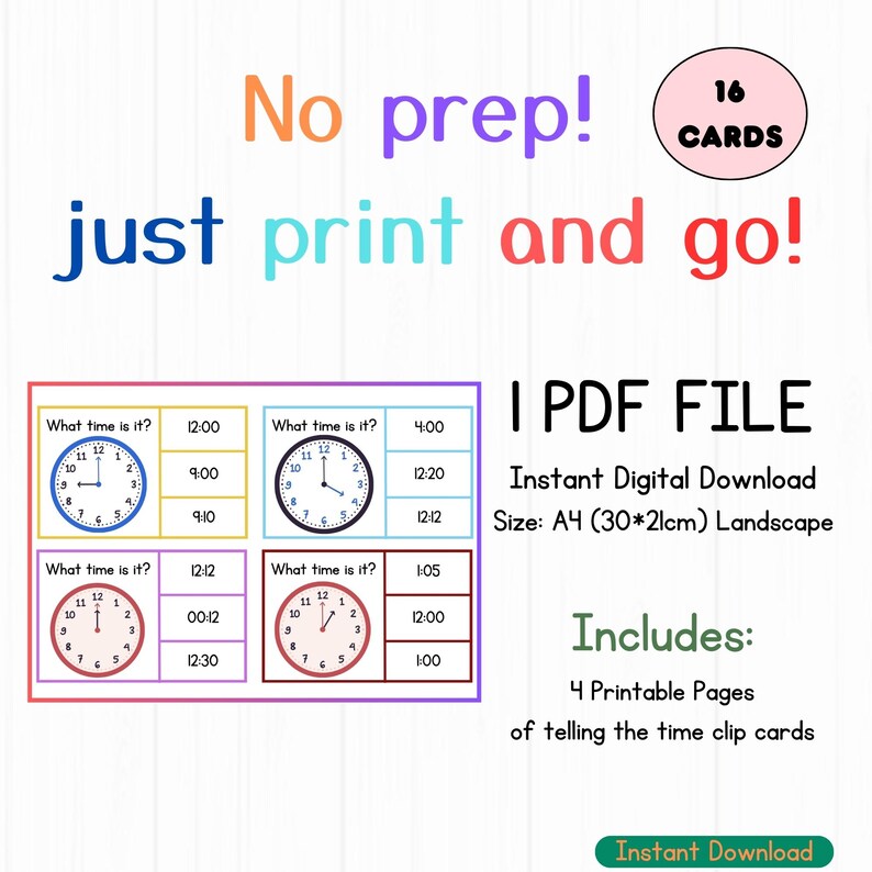 Telling Time Clip Cards Activities, Clock Activity, Tell the Time ...