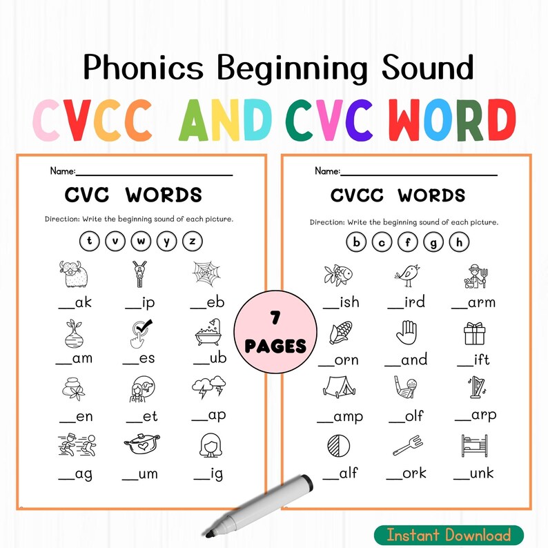 CVCC and CVC Words Phonics Worksheets: Educational Printable (PDF ...