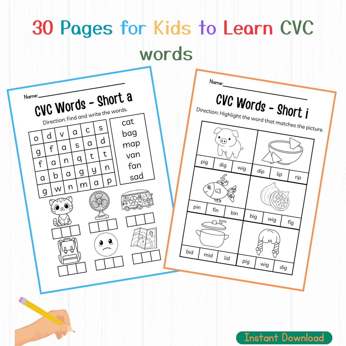 Phonics CVC Words Printable Worksheets for Kindergarten, CVC Word ...
