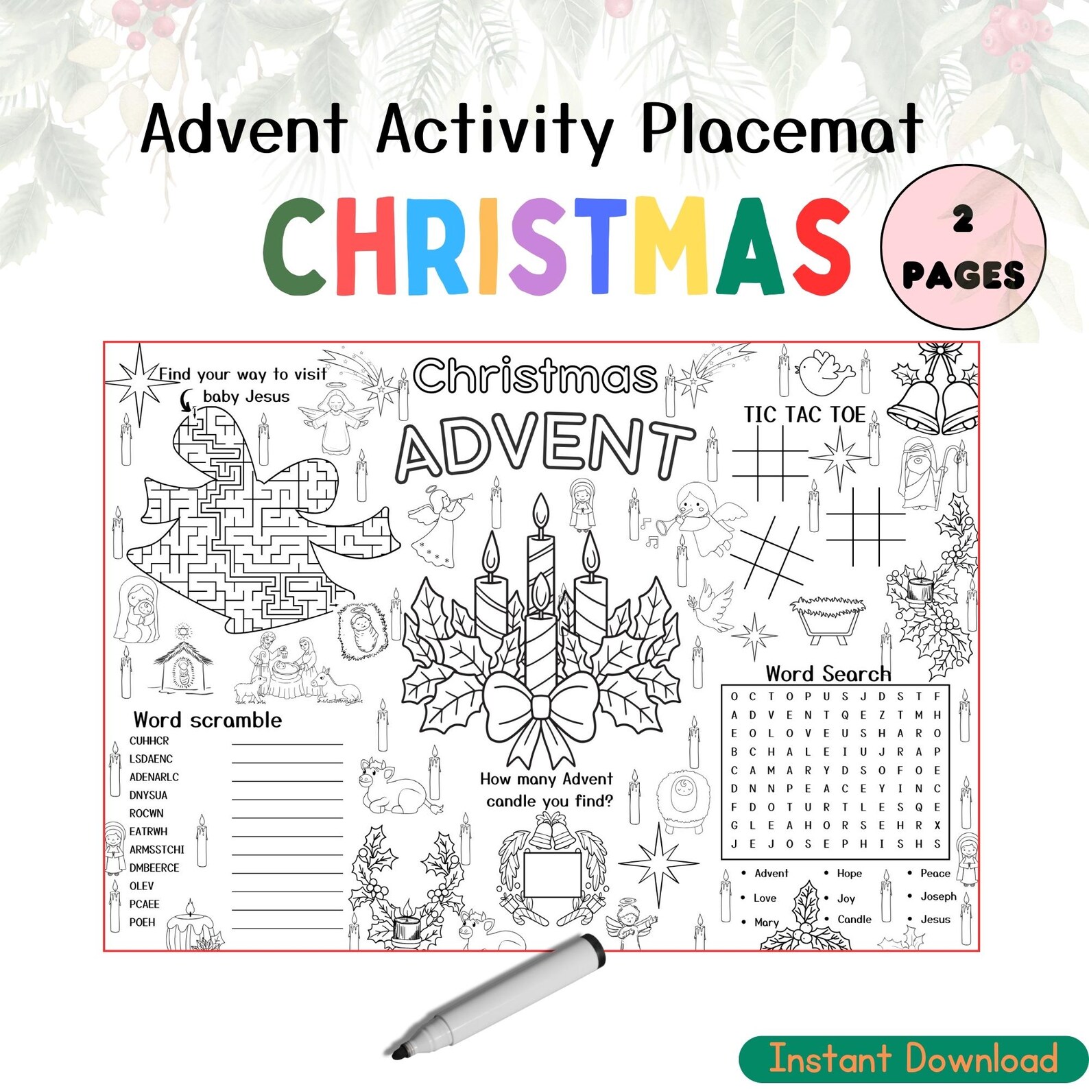 Advent Activity Placemat, Coloring Page Activity for Kids, Christian ...