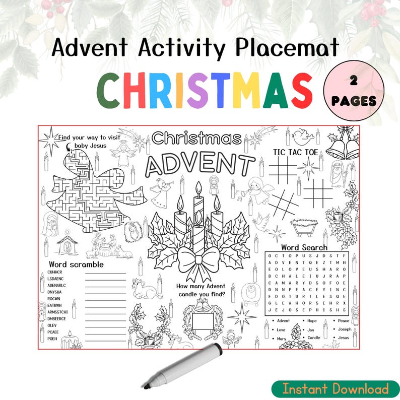 Advent Activity Placemat, Coloring Page Activity for Kids, Christian ...