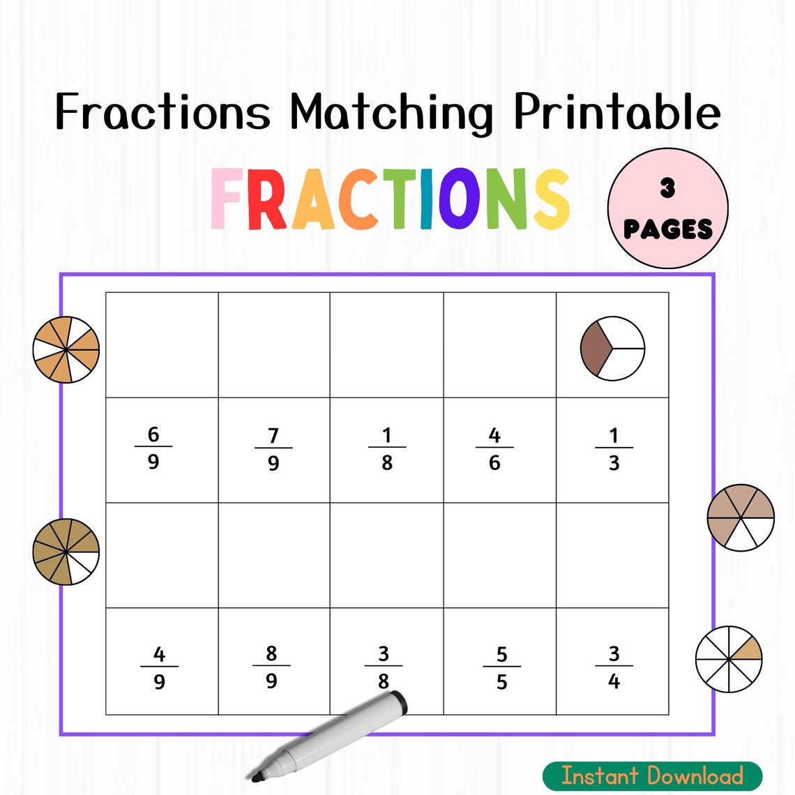 Fraction Printable Activity Board, Fraction Matching Printable ...