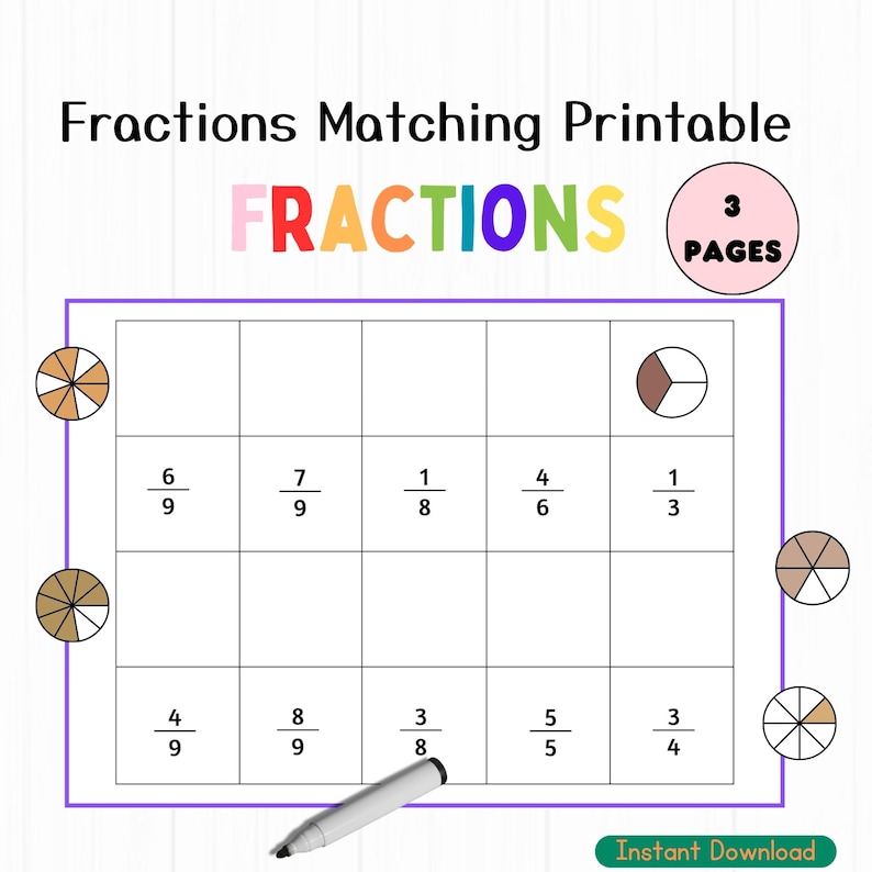 Fraction Printable Activity Board, Fraction Matching Printable ...
