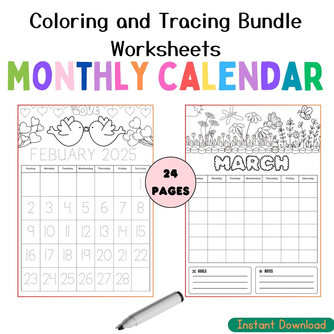 Monthly Calendar Coloring and Traceable Calendar January - December ...