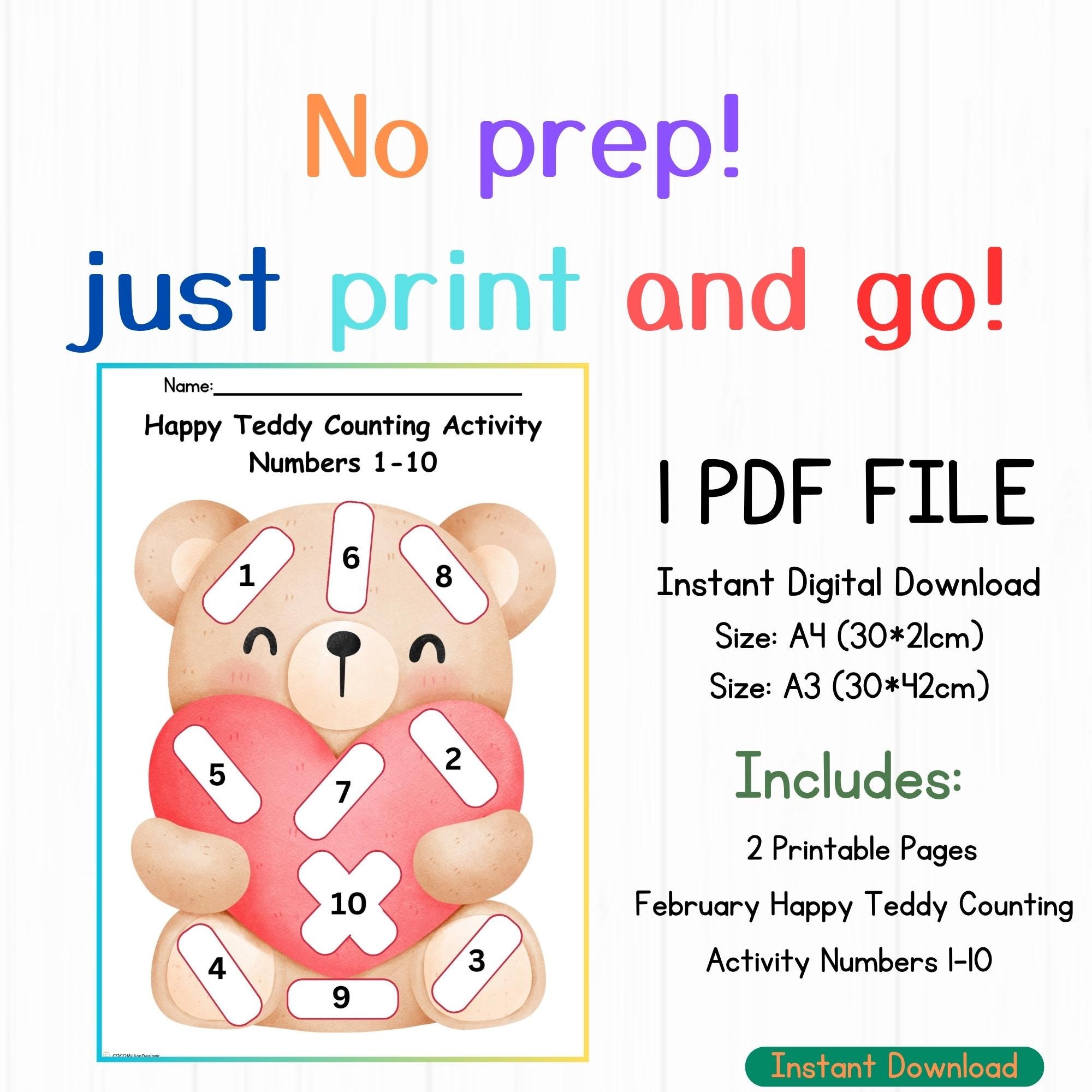 Happy Teddy Counting Printable Activity, Dramatic Play, February, Teddy ...