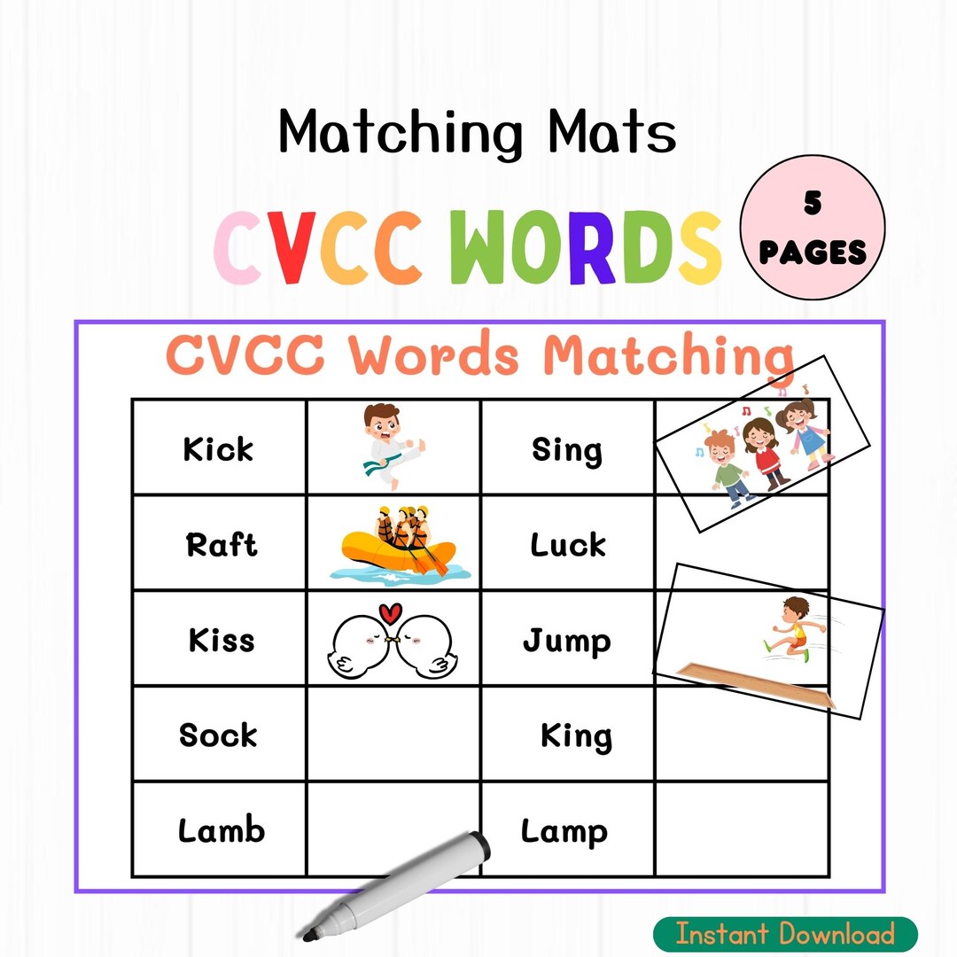 CVCC Words Matching Worksheets, Phonics Game, Educational Printable ...