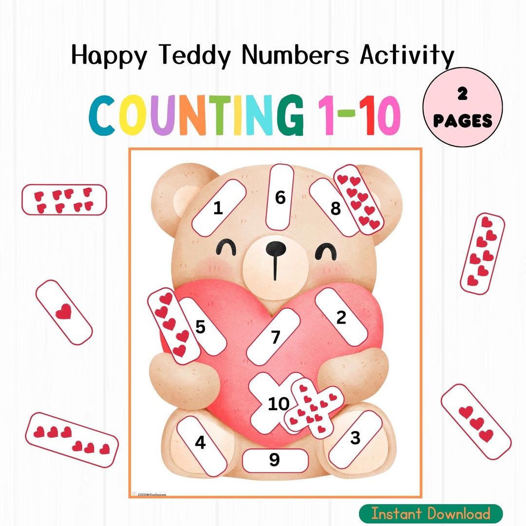 Happy Teddy Counting Printable Activity, Dramatic Play, February, Teddy ...