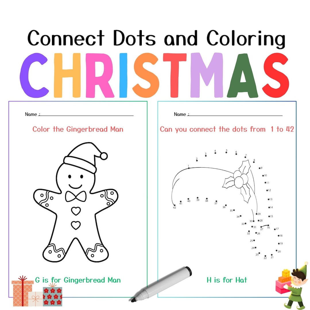 10 Connect the Dots and 10 Cute Christmas Coloring Page, Printable ...