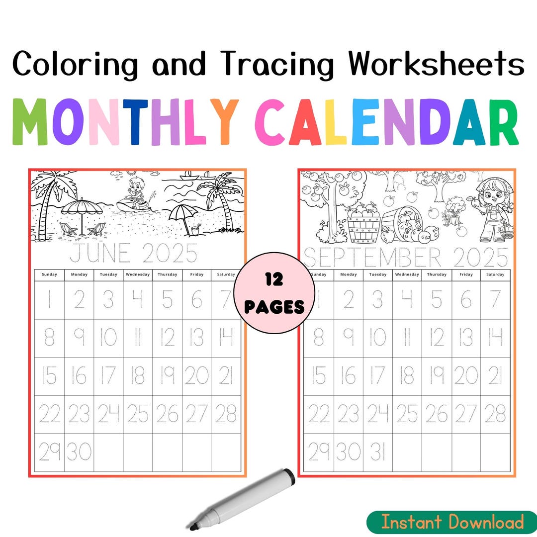 Monthly Calendar Coloring and Traceable Calendar January - December ...