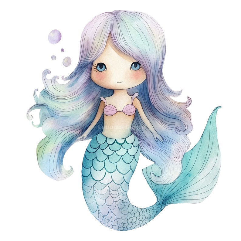 Whimsical Mermaid Clipart Bundle Cute Mermaid Watercolor for Nursery ...