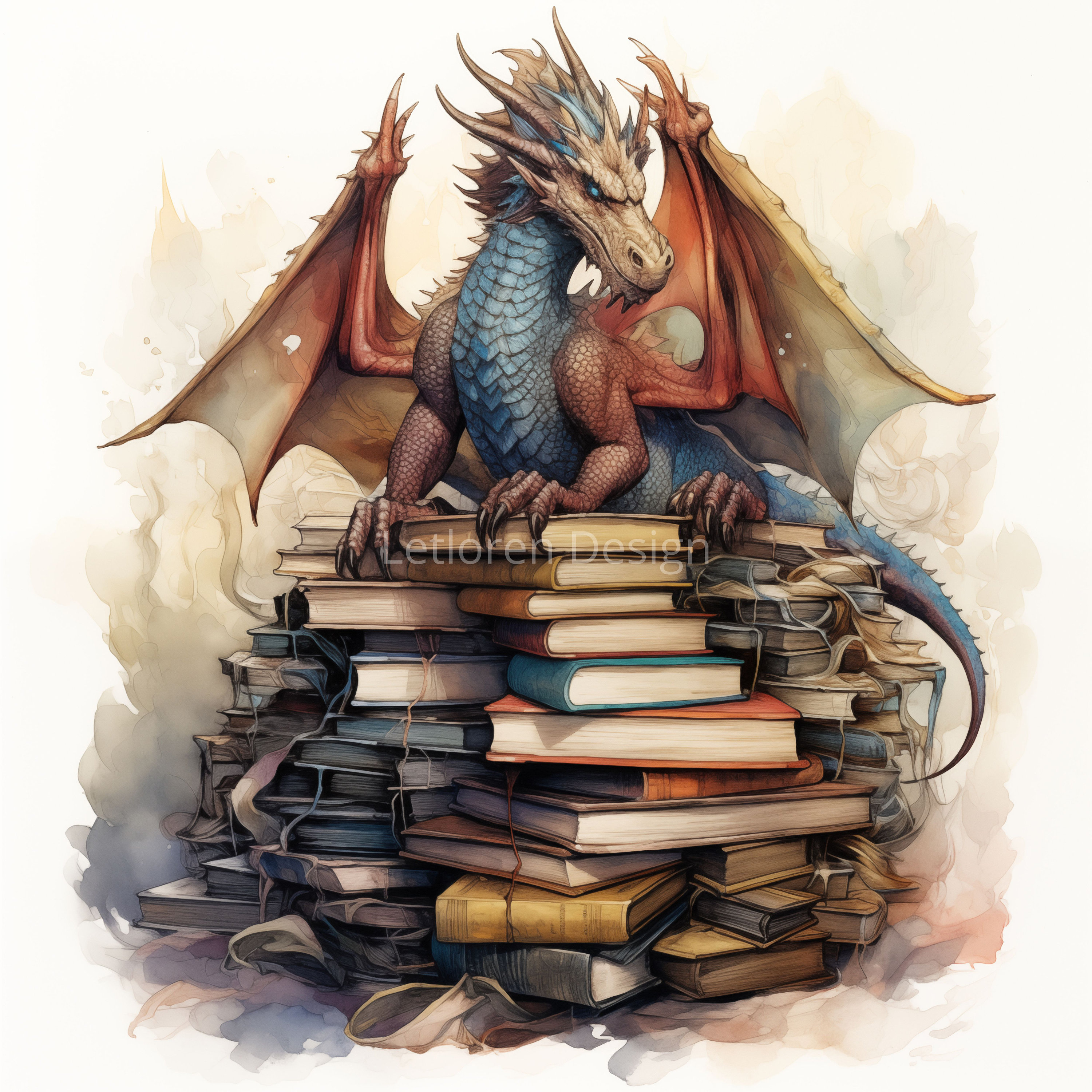 Watercolor Dragon Guarding Books Clipart, 13 High Quality Watercolor ...