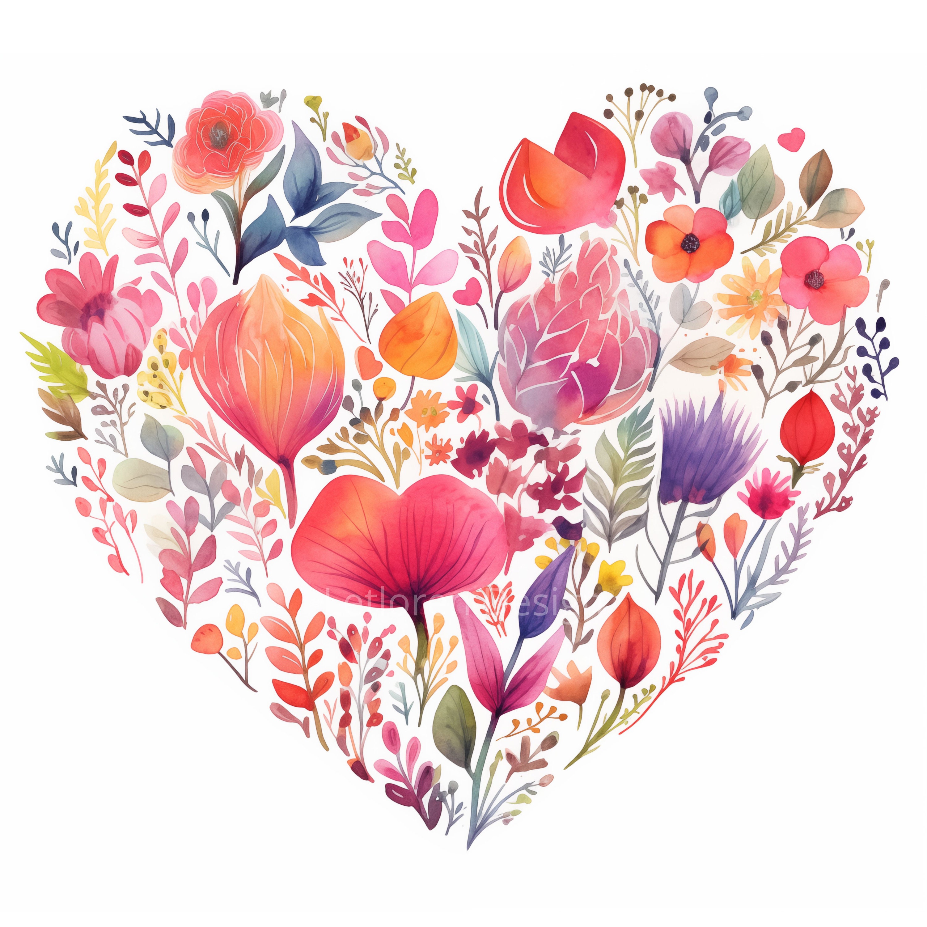 Watercolor Heart Flowers Clipart, 12 High Quality Heart Flowers Jpgs ...