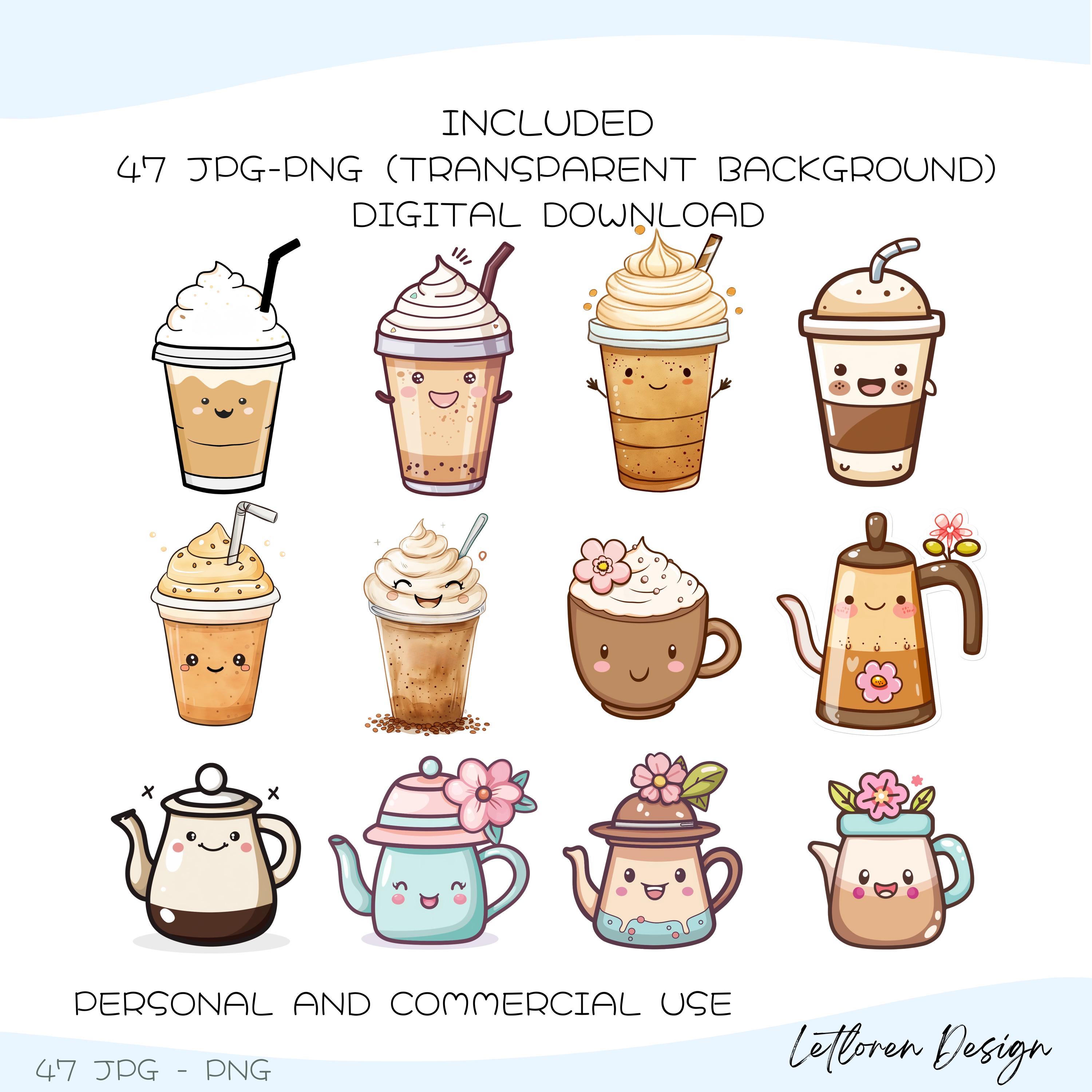 48 Kawaii - Retro Coffee Cups Clipart Bundle | Adorable Coffee Mug and ...
