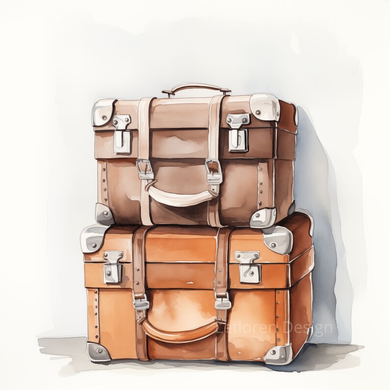 Watercolor Vintage Suitcase Clipart, 12 High Quality JPEG Files, Travel ...