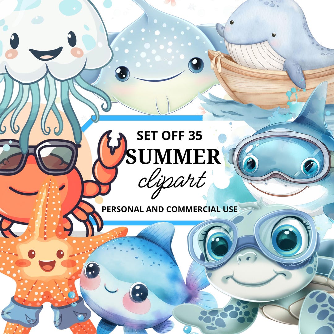 Summer Beach Day Clipart Bundle | Watercolor Undersea Vacation PNG ...