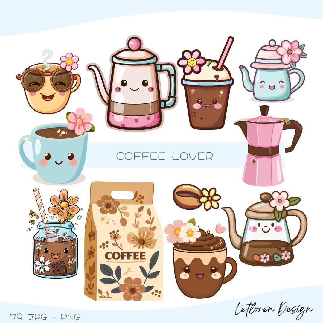 48 Kawaii - Retro Coffee Cups Clipart Bundle | Adorable Coffee Mug and ...