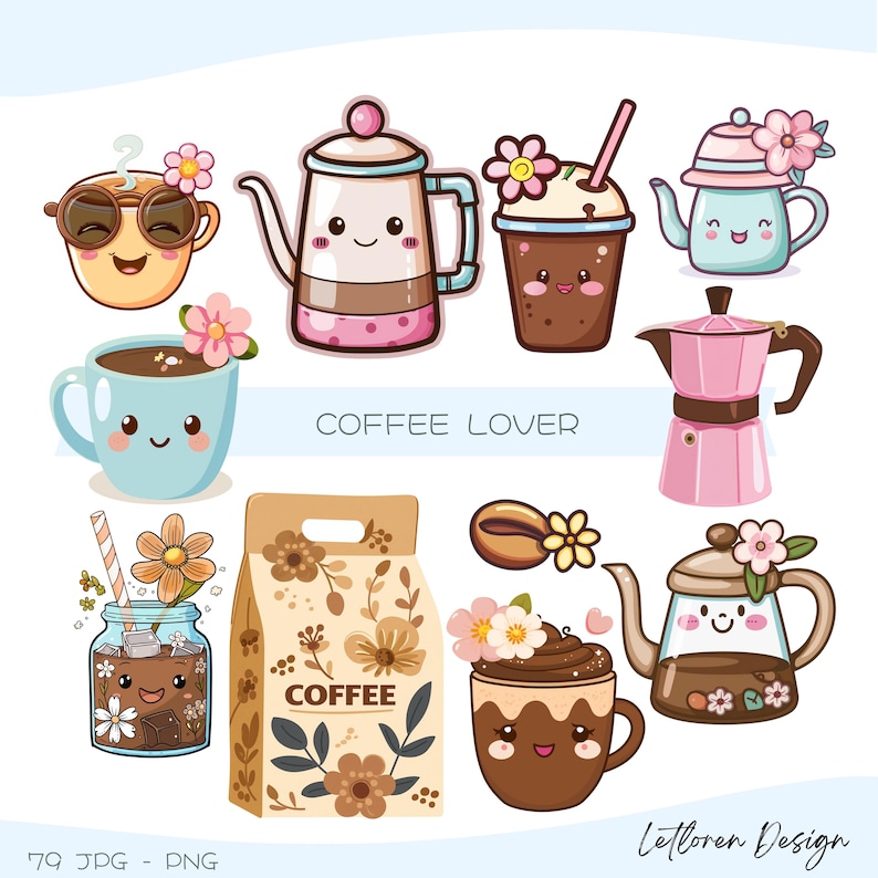 48 Kawaii Retro Coffee Cups Clipart Bundle Adorable Coffee Mug and Jar ...